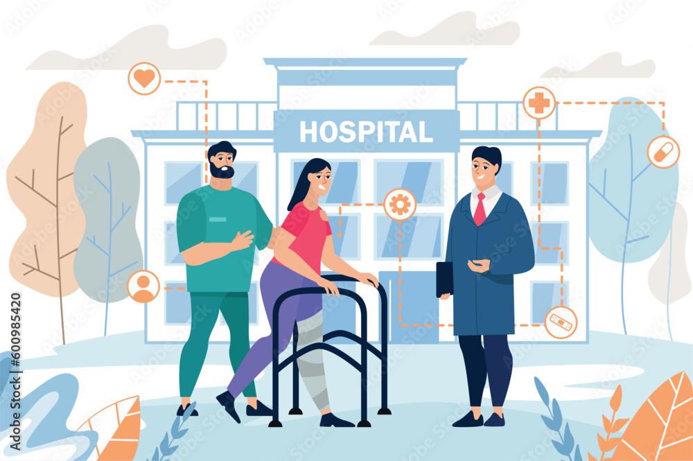 Rehabilitation medicine concept with people scene in the flat cartoon ...