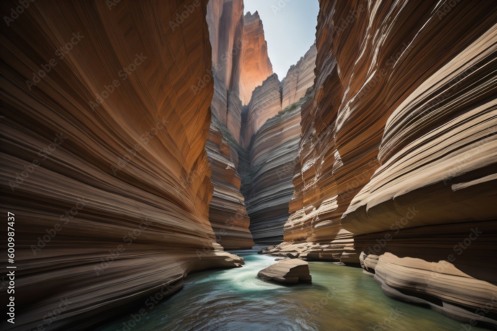 An image of a deep canyon with sheer rock walls on either side, with a ...