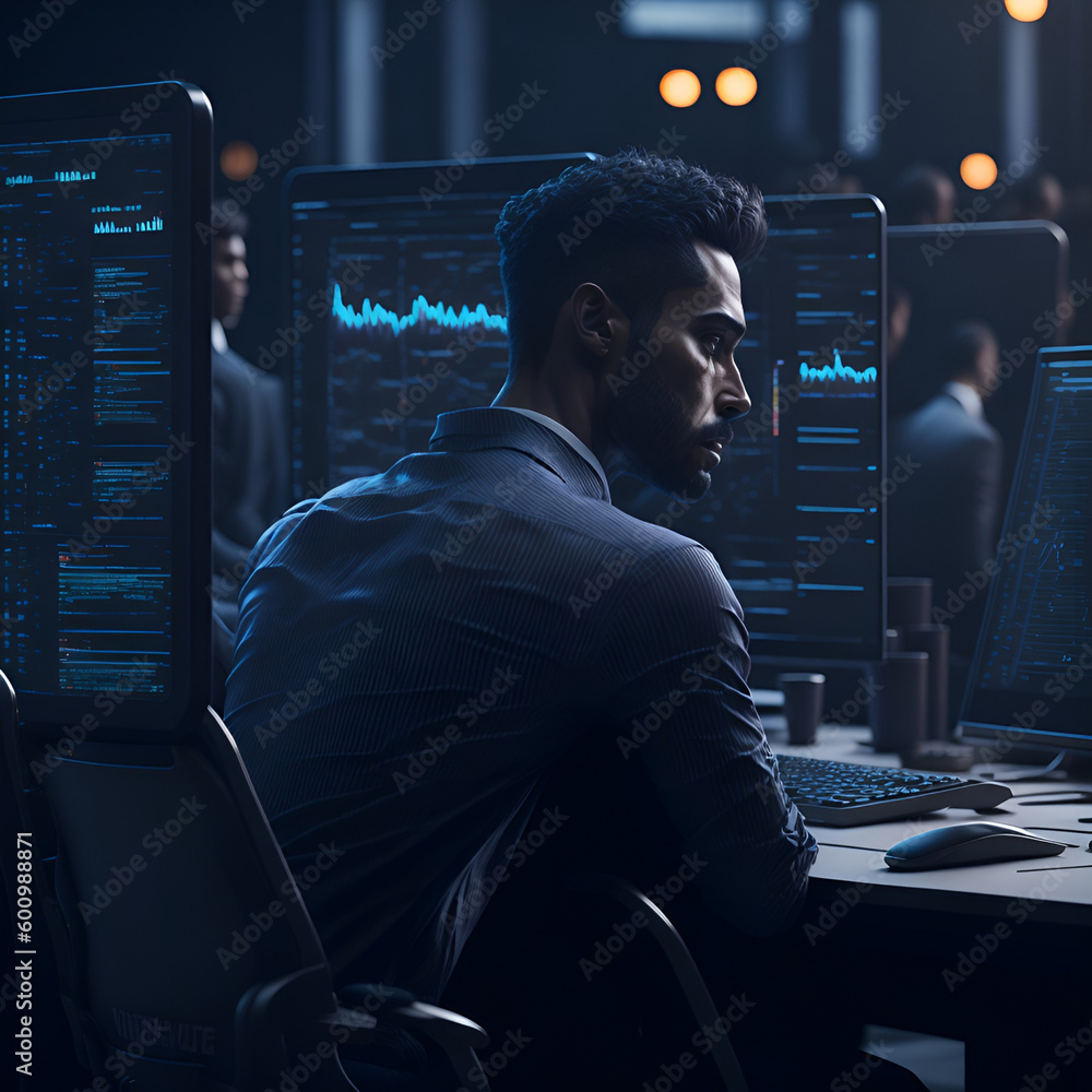 A detailed illustration of a man sitting in front of a PC watching the ...