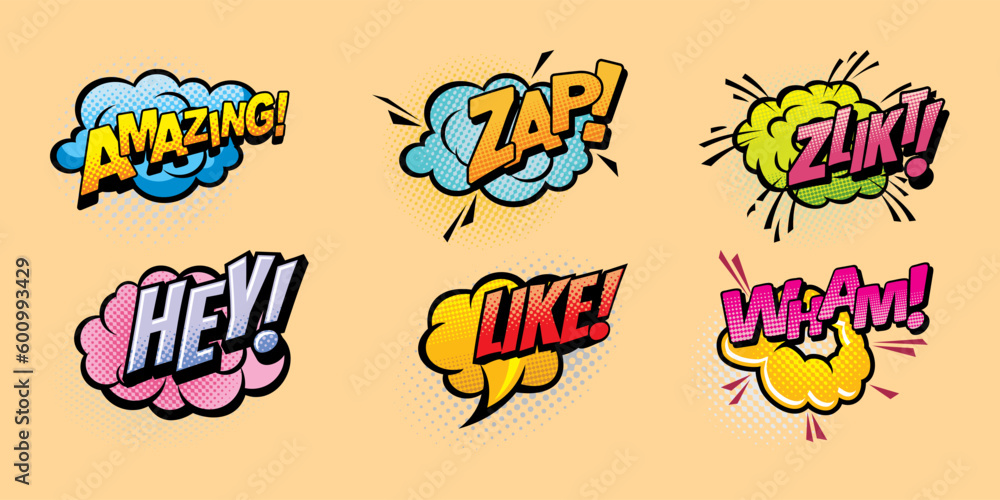 Comic speech bubble with expression text Wow! Vector , stars and clouds ...