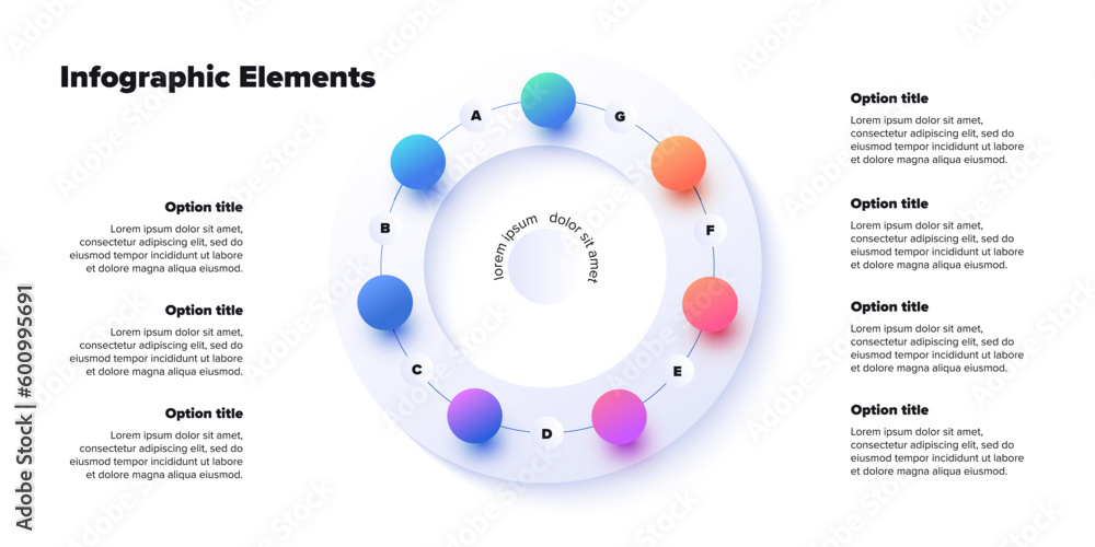 Business process chart infographics with 7 step spheres. Round workflow ...