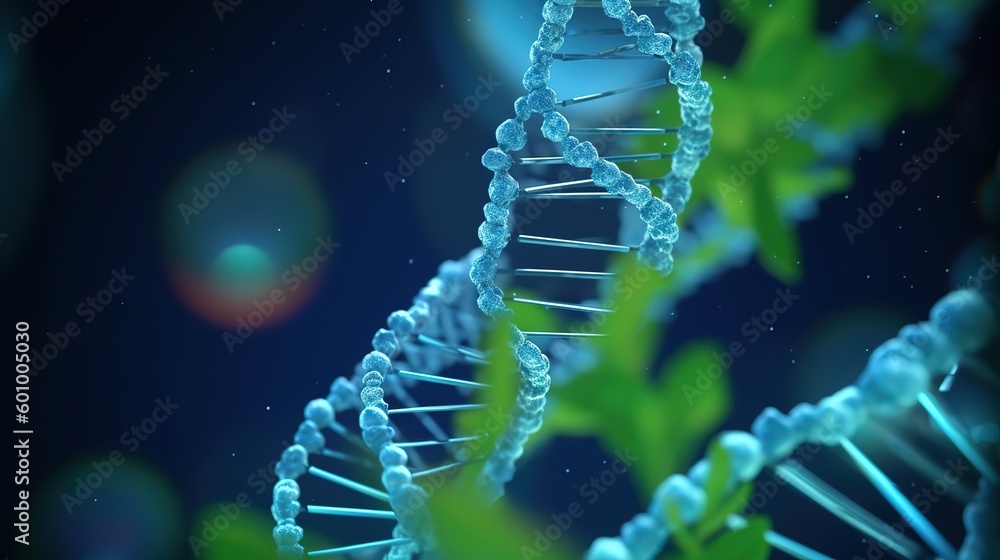 Green plant sprout with blue 3d DNA molecule helix.Low-poly style ...