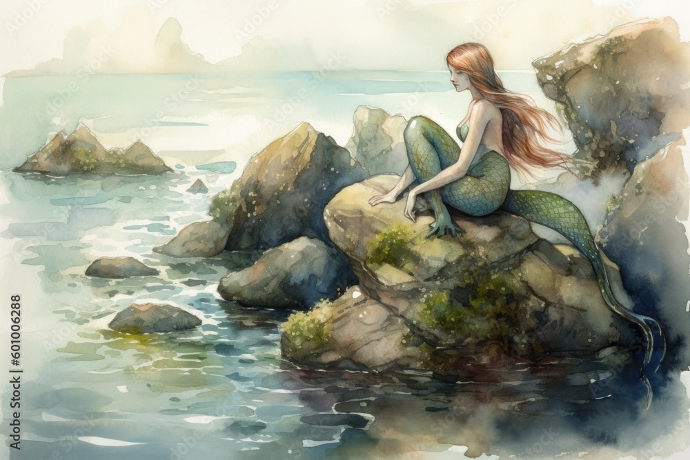 Watercolor painting of a mermaid sitting on a rock in the ocean Stock ...