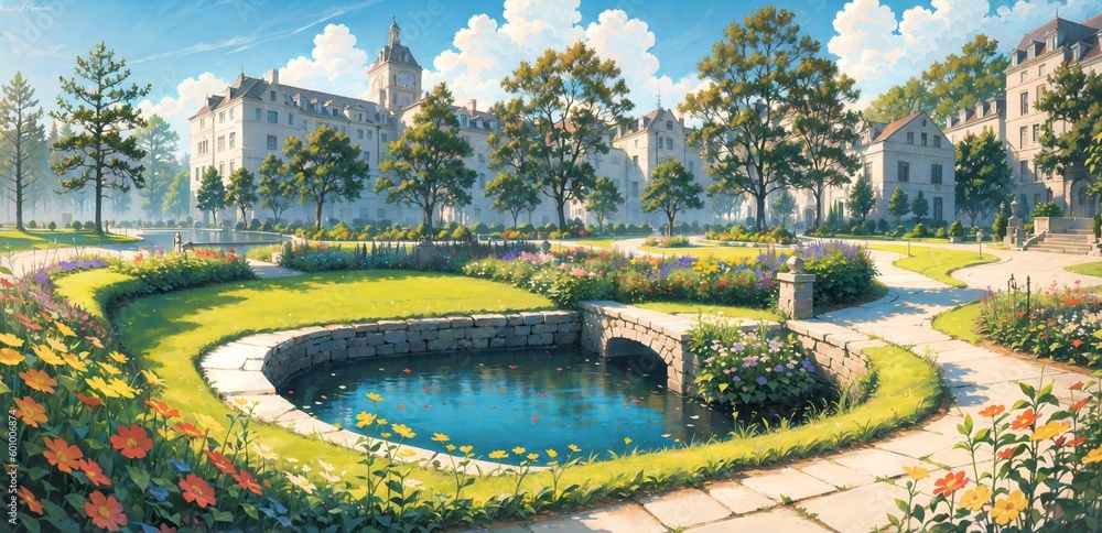 anime style background, landscape, park, lake, river, garden, backyard ...