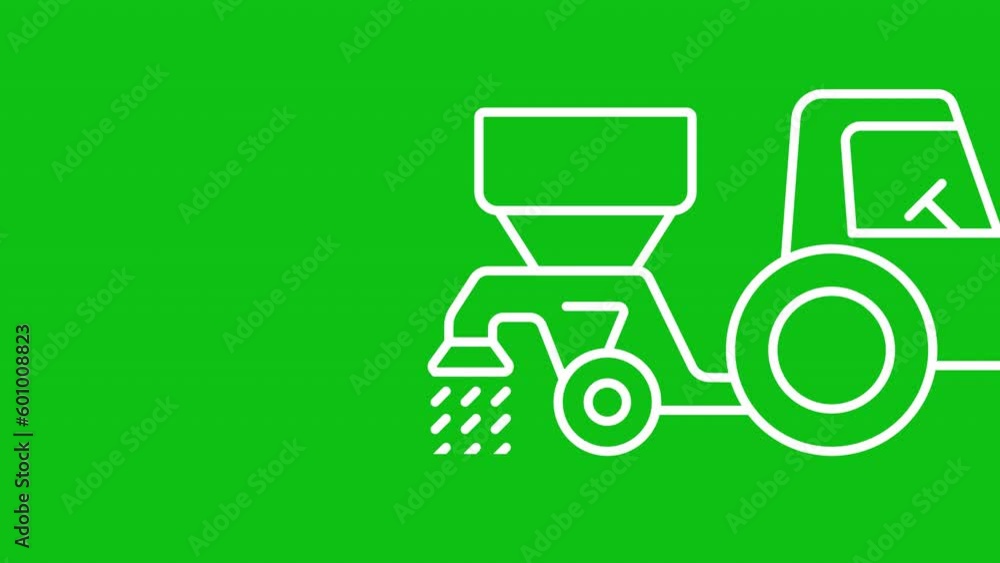 Animated tractor with seed drill. Moving vehicle scattering grains ...