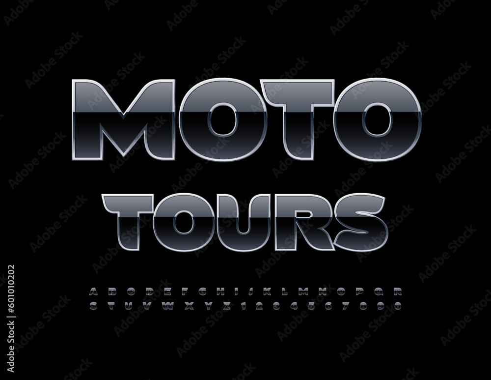 Vector modern sign Moto Tours. Black and Silver Font. Artistic Alphabet ...