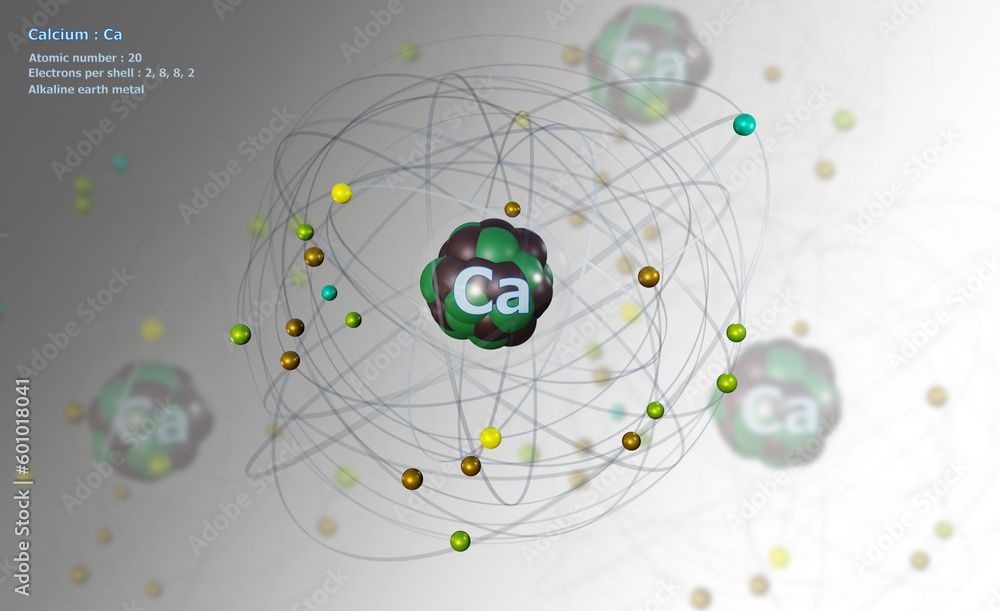 Atom of Calcium with detailed Core and 20 Electrons on White with Atoms ...
