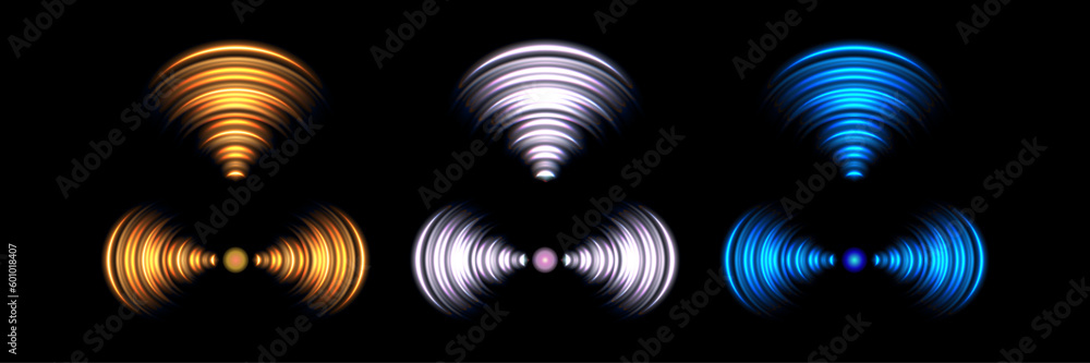 Blue, white, silver and gold glowing radio waves, wifi signal, radar ...