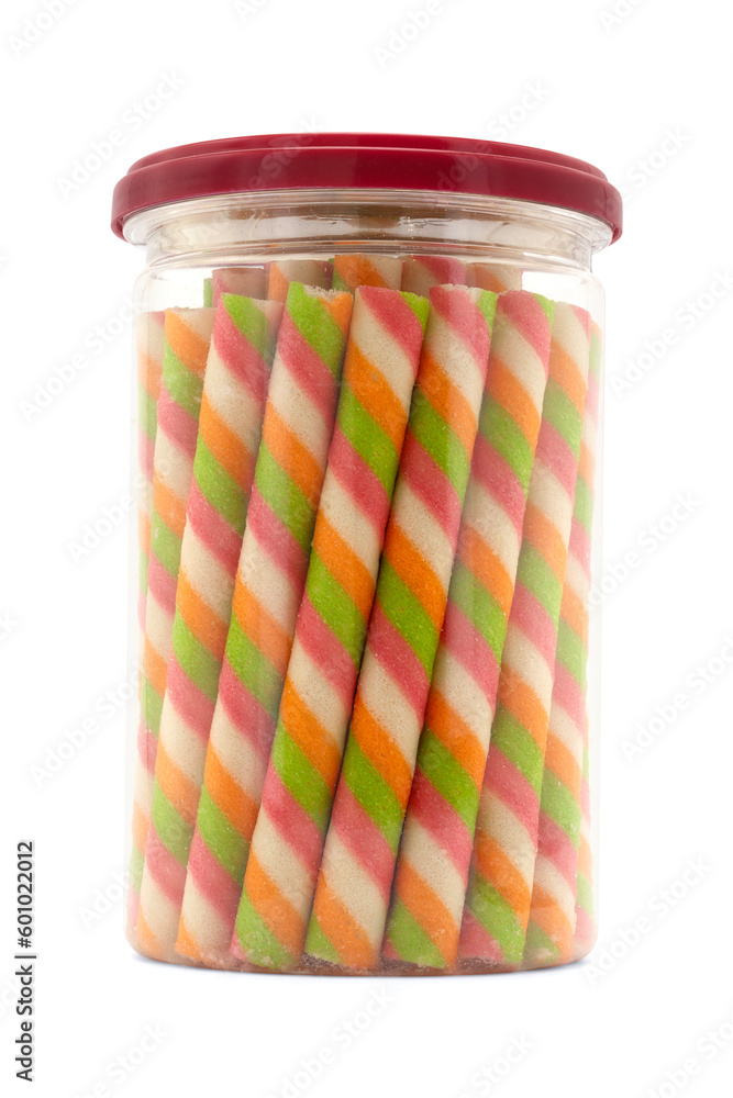 Wafer stick roll in transparent jar isolated on white background ...