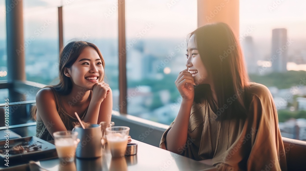 Beautiful Asian woman friends meeting and talking together at ...
