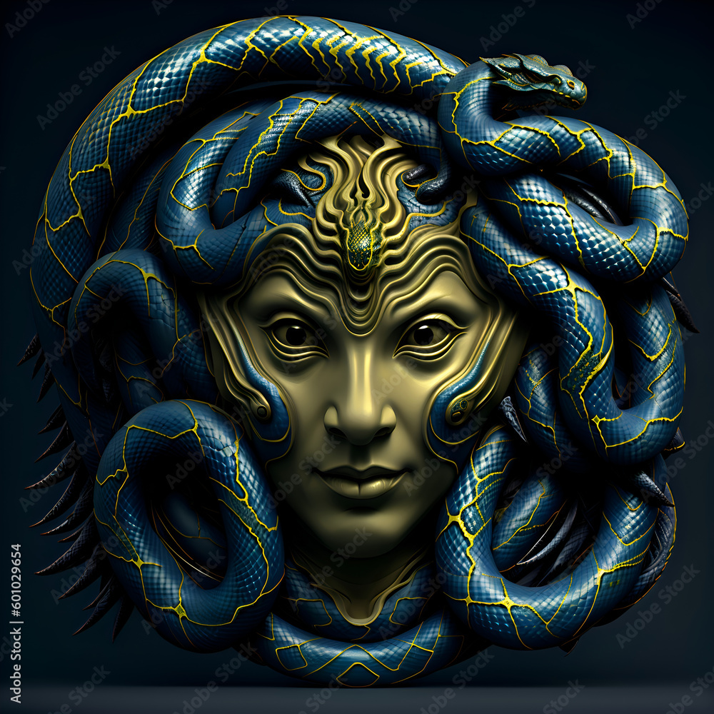 Medusa's Snakes head shield and yellow blue snakes created with ...