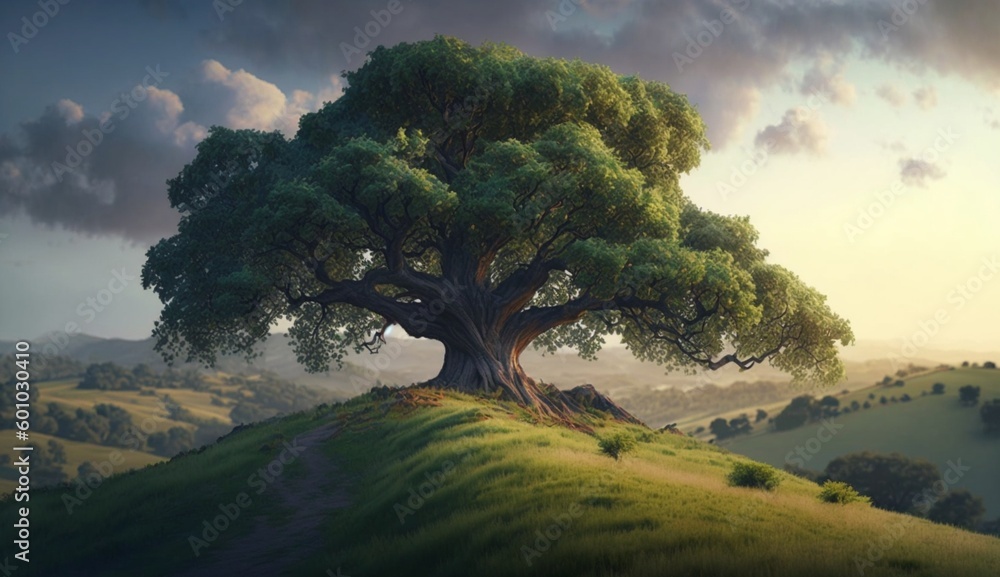 Illustration of a Great Oak Tree on a Hill. Generative AI. Stock ...