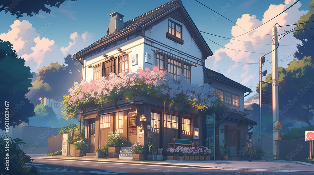 Anime background of traditional Japanese home on street in the town ...
