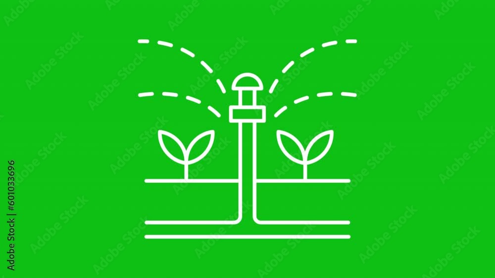 Animated irrigation white line icon. Irrigation system drips water over ...