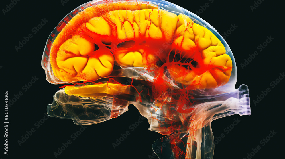 a medical scan of a cross section of the brain, showing areas of ...