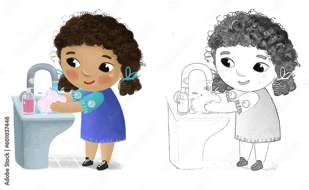cartoon school girl washing on white background - illustration for ...