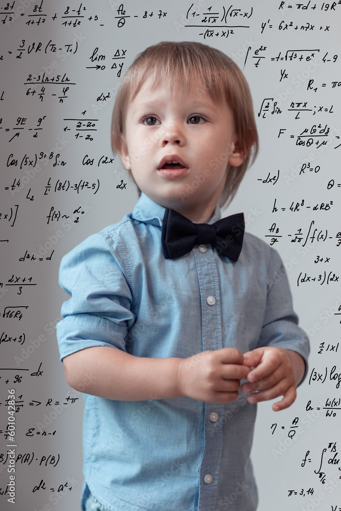 Portrait of the little boy in the blue shirt over the math background ...