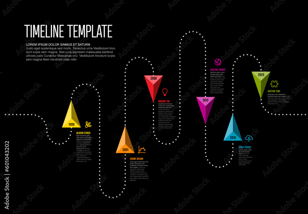 Infographic dotted timeline template with up and down triangle arrows ...
