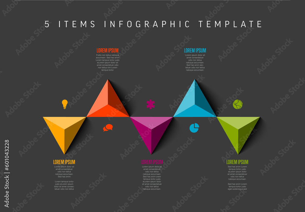 Five dark horizontal items elements template with icons and triangle ...