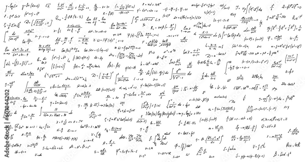 math formulas, calculations, numbers, equations handwritten on white ...