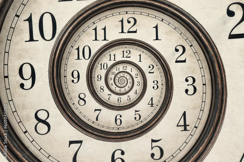 Vintage abstract infinite spiral clock face. Surreal watch twisted time ...