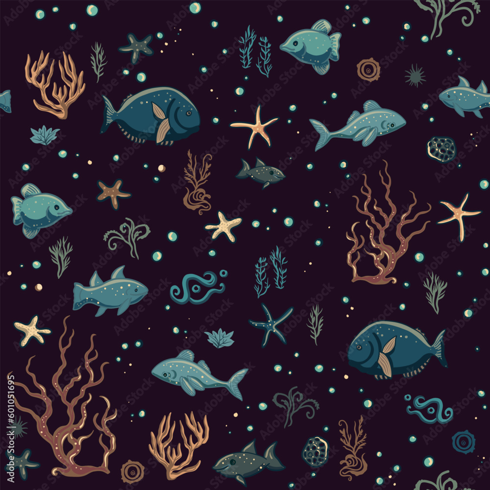 Sea seamless pattern with marine nautical sealife. Underwater world ...