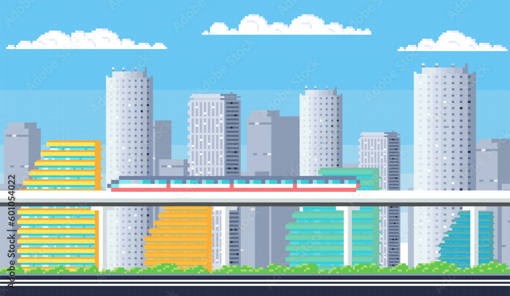 City buildings. Downtown pixelated cityscape. Scenery skyline. Urban ...