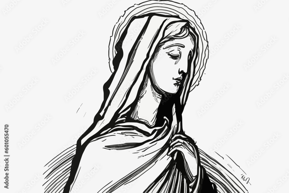 Doodle inspired Mother Mary, cartoon sticker, sketch, vector ...