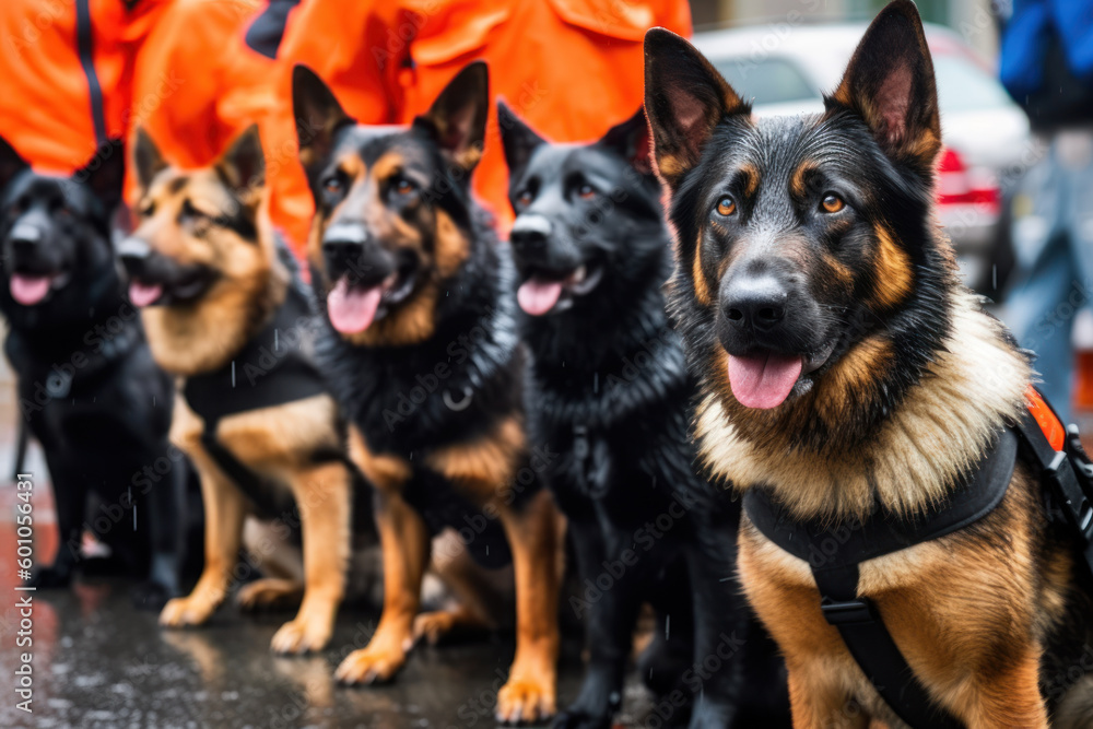 Formation of police dogs, trained for rescue missions and drug ...