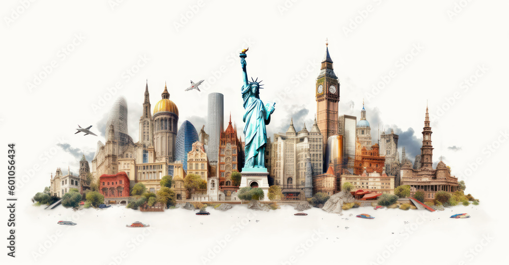 Pastiche travel illustration featuring various tourist buildings and ...