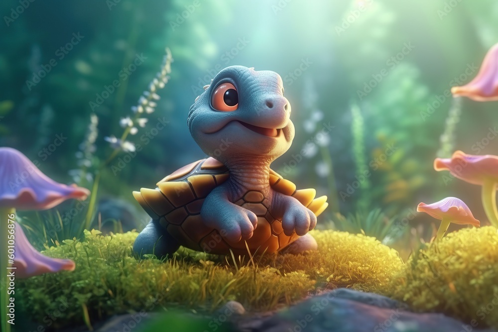 a cute adorable baby turtle in nature rendered in the style of children ...