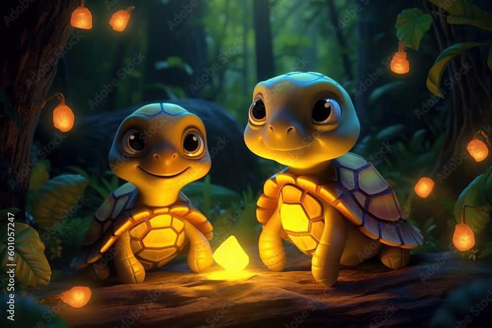 a cute adorable two baby turtles , by night vith light in forest ...