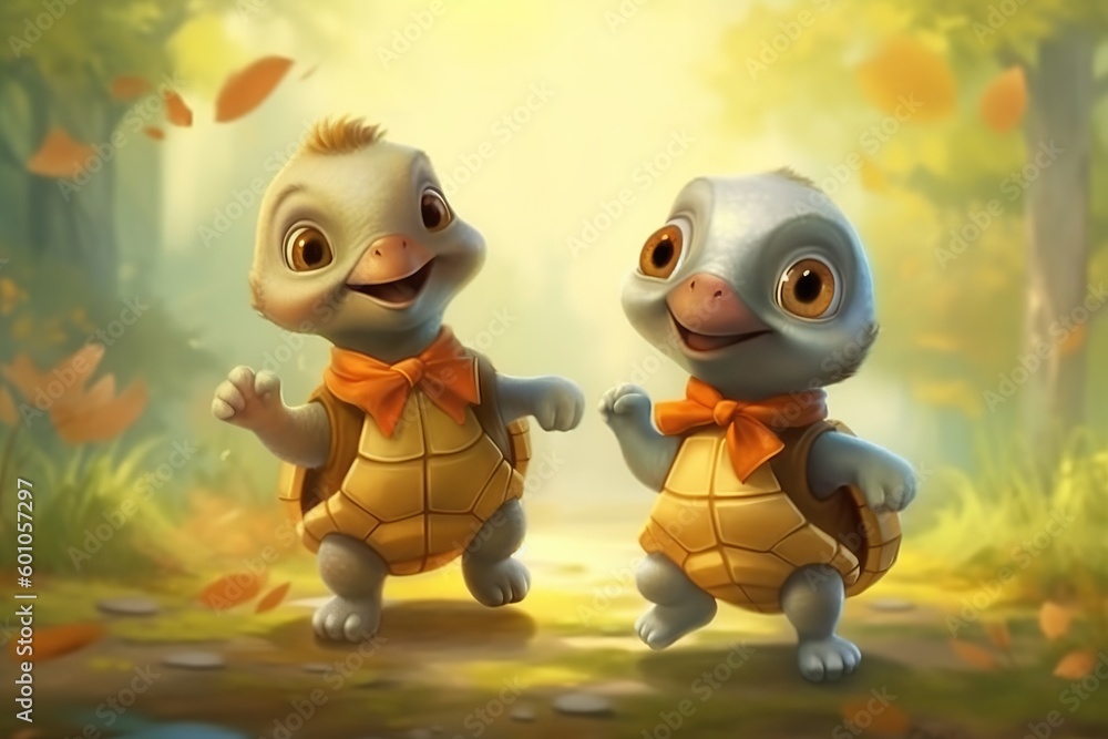a cute adorable two baby turtles with coats and cap are dancing in ...