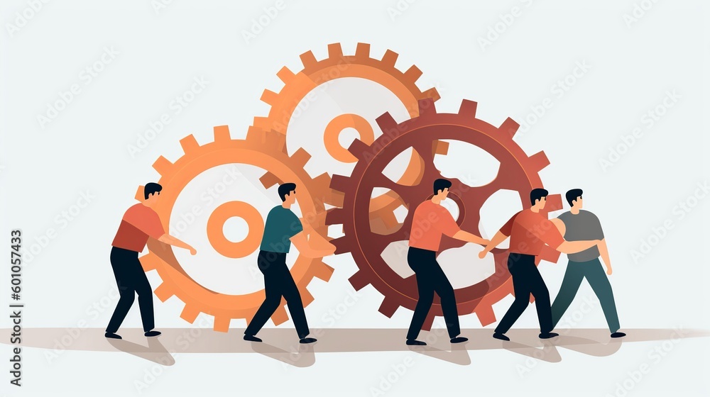 Diverse team pushing a massive gear together, symbolizing teamwork ...
