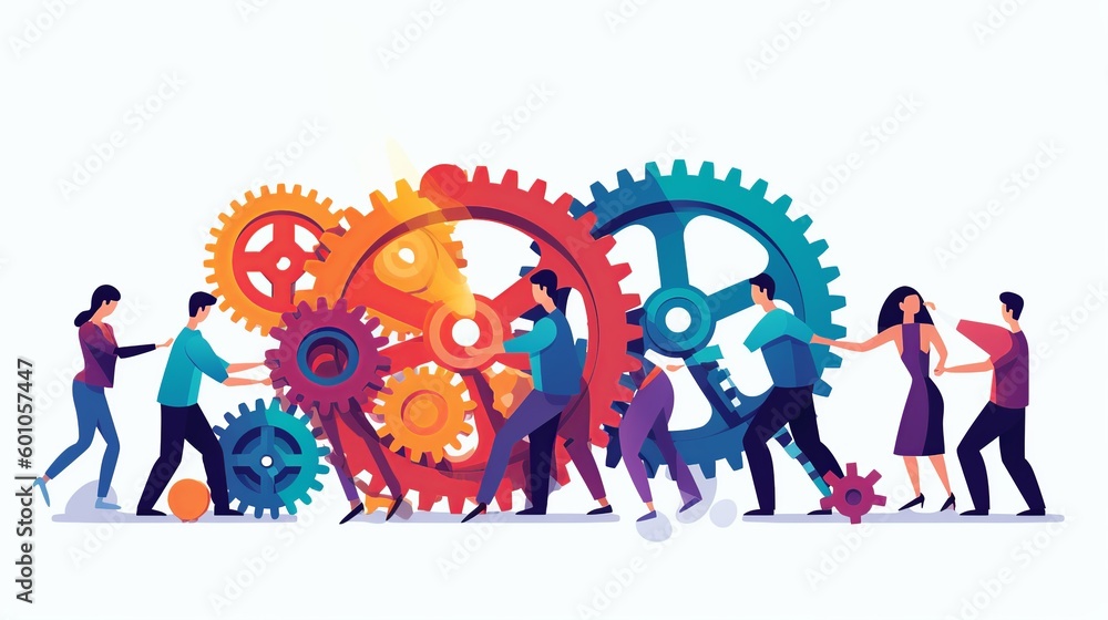 Diverse team pushing a massive gear together, symbolizing teamwork ...