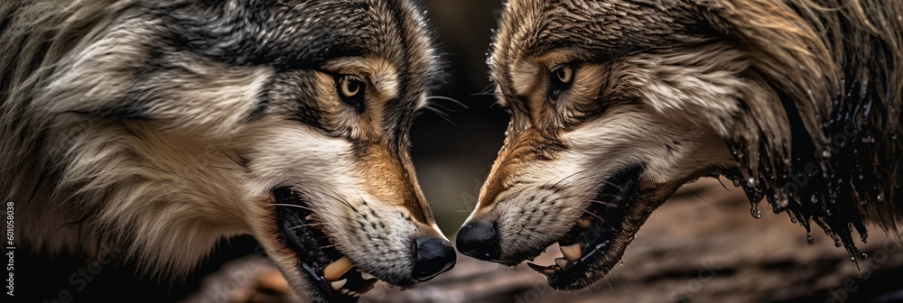 closeup of two wolves aggressive look into each other's eyes, wolf ...