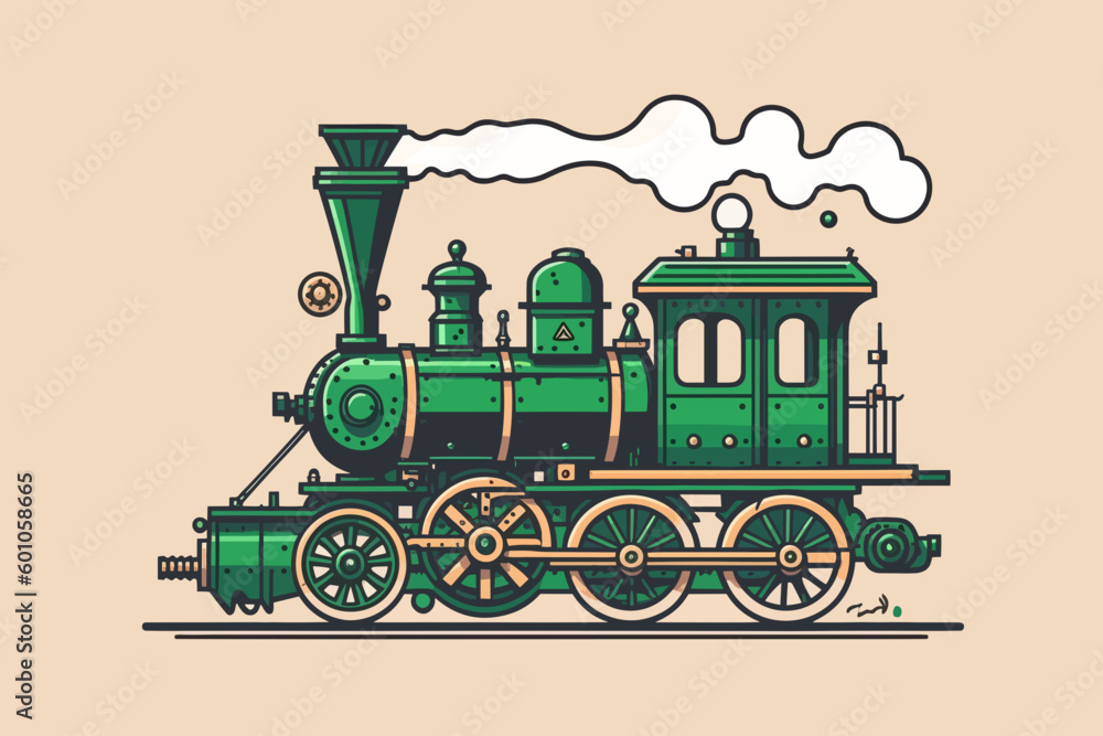 Doodle inspired Steam engine, cartoon sticker, sketch, vector ...