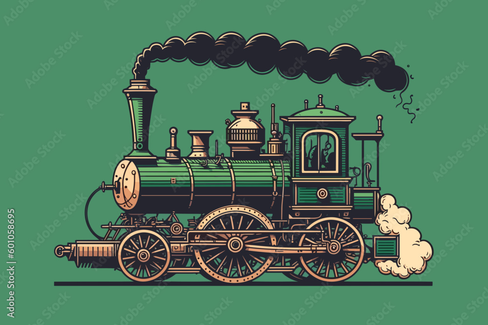 Doodle inspired Steam engine, cartoon sticker, sketch, vector ...