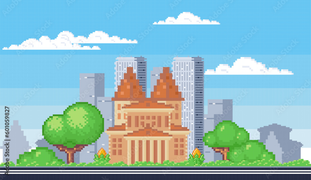 City buildings. Downtown pixelated cityscape. Scenery skyline. Urban ...
