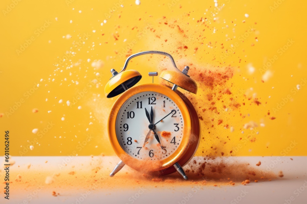 passing of time, a retro alarm clock dissolving into dust, parts fading ...