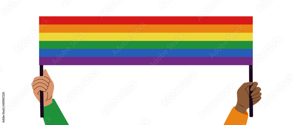 Hands holding LGBT rainbow flag, poster. Pride month celebration. Flat ...