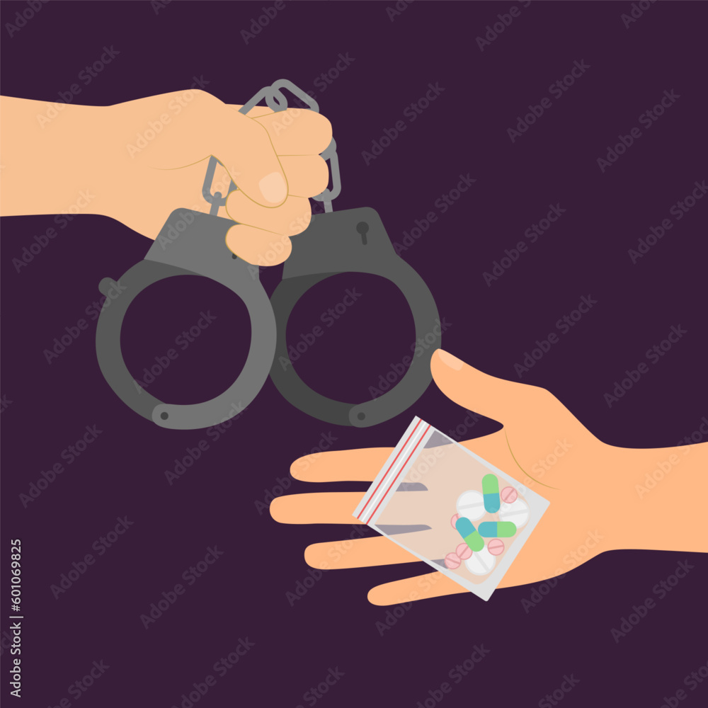 Drug law violation vector illustration. Hands holding pills and ...