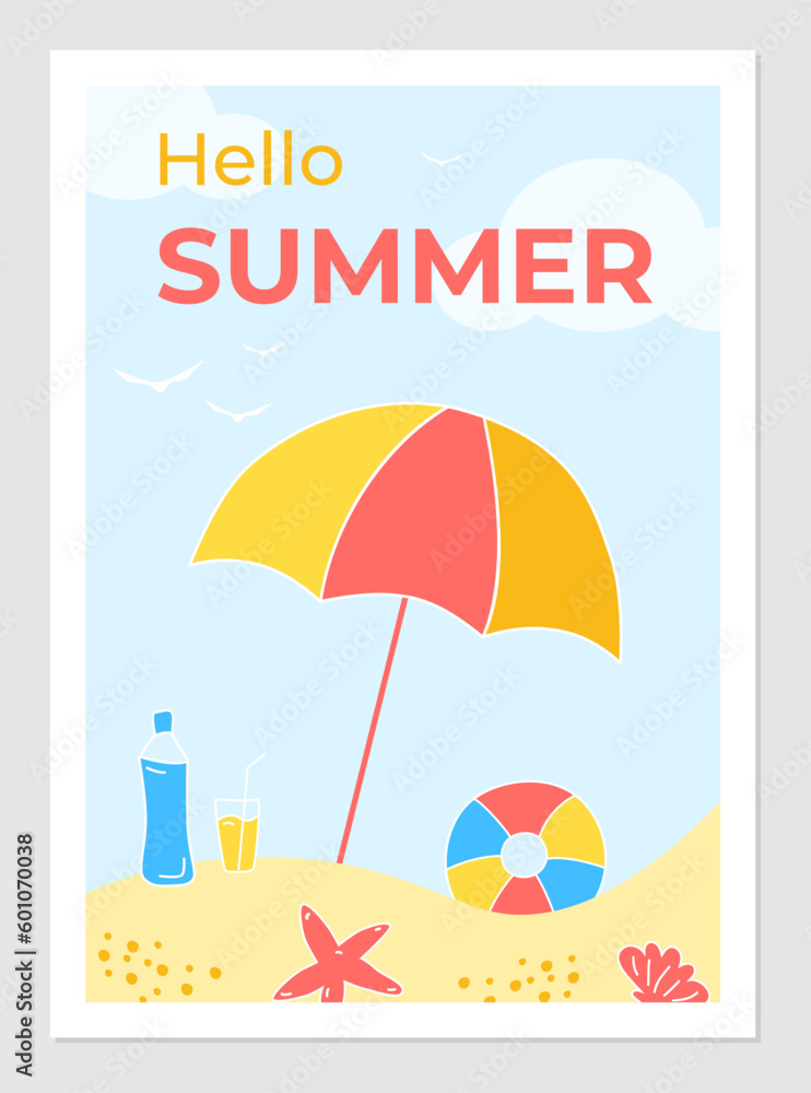 Hello summer poster. Sea beach elements and objects for vacation ...