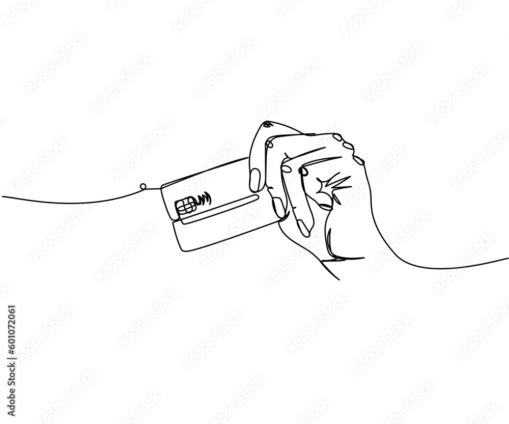 Contactless bank card in hand, credit card one line art. Continuous ...