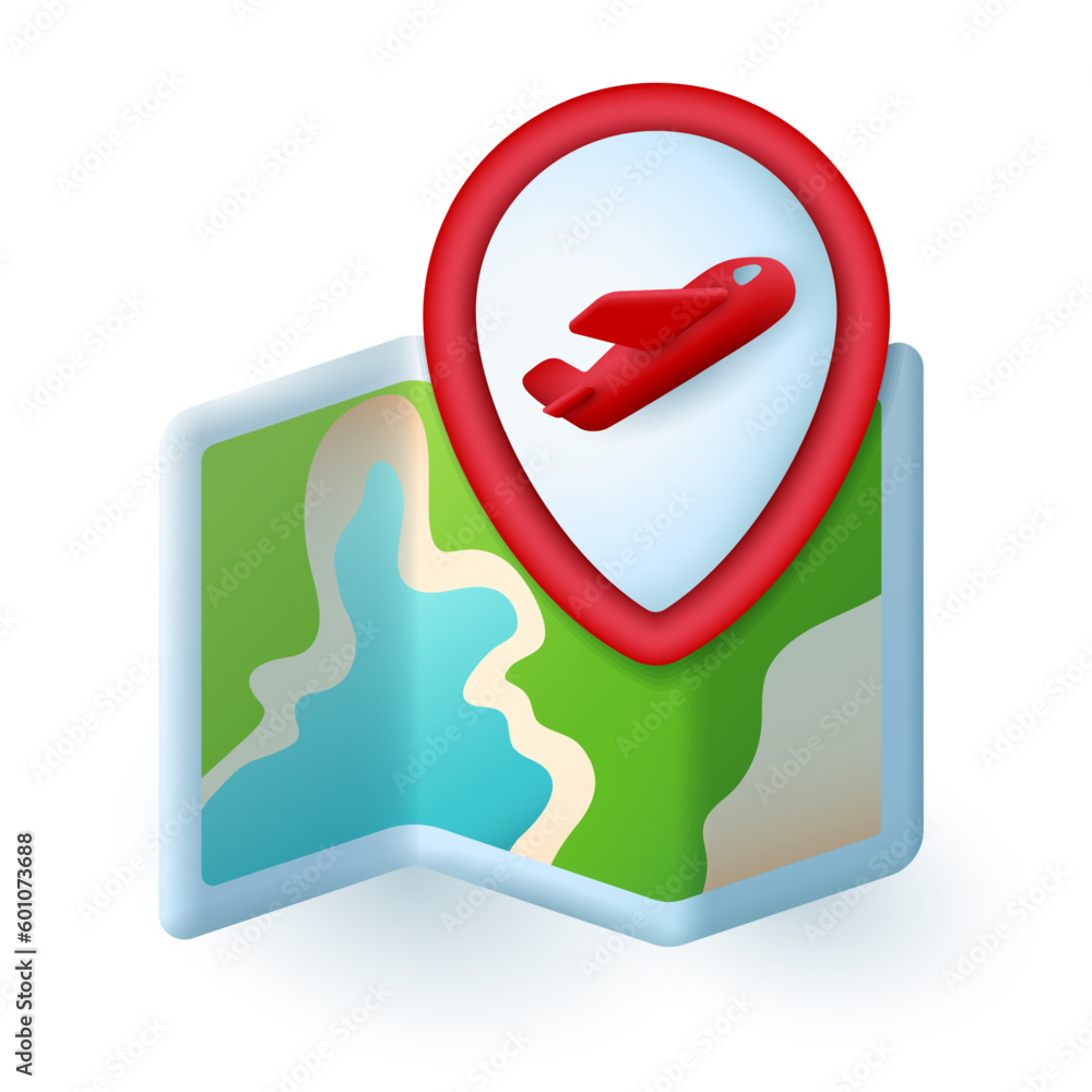 Paper map with location pin for traveling 3D illustration. Cartoon ...