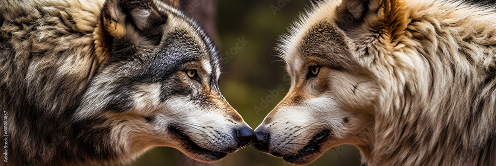 closeup of two wolves aggressive look into each other's eyes, wolf ...