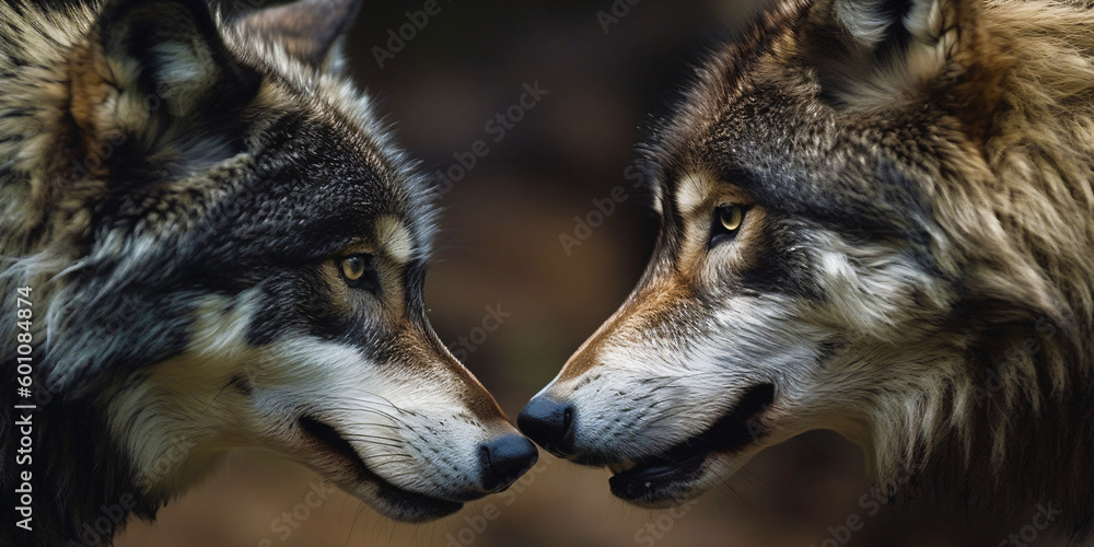 two wolves face each other, aggressive mood of a turf war to make the ...