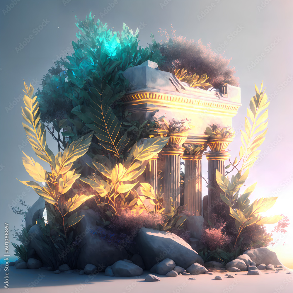 Illustration of an overgrown greek temple in vaporwave aesthetic on ...