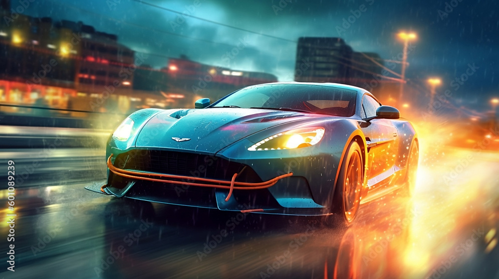 Digital art sports car speeding through a storm, splashing, water, rain ...