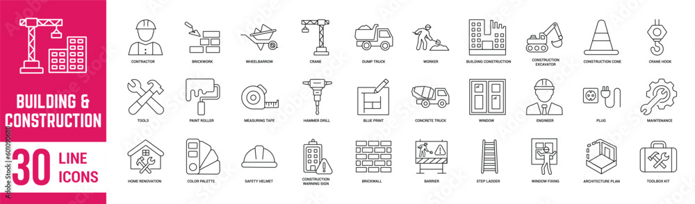 Construction editable stroke outline icons set. Construction ...